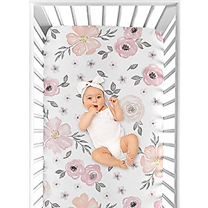 Blush Pink, Grey and White Baby or Toddler Fitted Crib Sheet for Watercolor Floral Collection by Sweet Jojo Designs