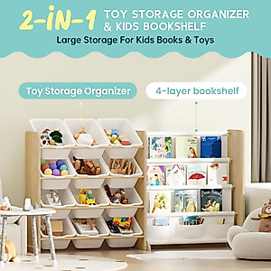 EXPERLAM Kids Toy Storage Organizer - Toy Organizer with Kids Bookshelf, Toy Storage with 12 Toy White Bins and 4 Book Shelves, Toy Organizers and Storage for Playroom, Nursery, Kids Room, Burlywood