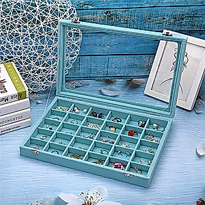 Sky Piea 30 Grid Velvet Glass Jewelry Box Jewellery Organiser Earring Ring Storage Holder Case Box (Sky Blue)