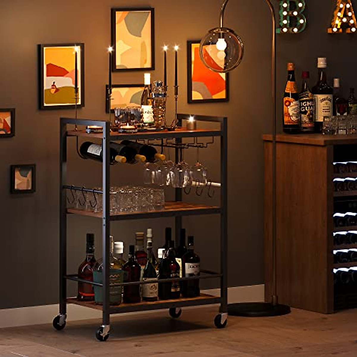 TUTOTAK Bar Cart, Serving Cart for Home, Microwave Cart, Drink Cart, Mobile Kitchen Shelf with Wine Rack and Glass Holder, Rolling Beverage Cart BC01BB030