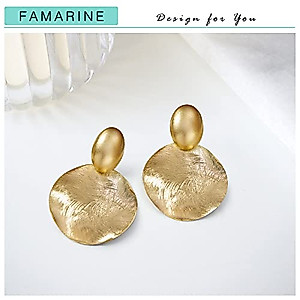 FAMARINE Matte Gold Big Disc Drop Dangle Earrings Statement Brushed Round Hammered Women Earrings Fashion Jewelry