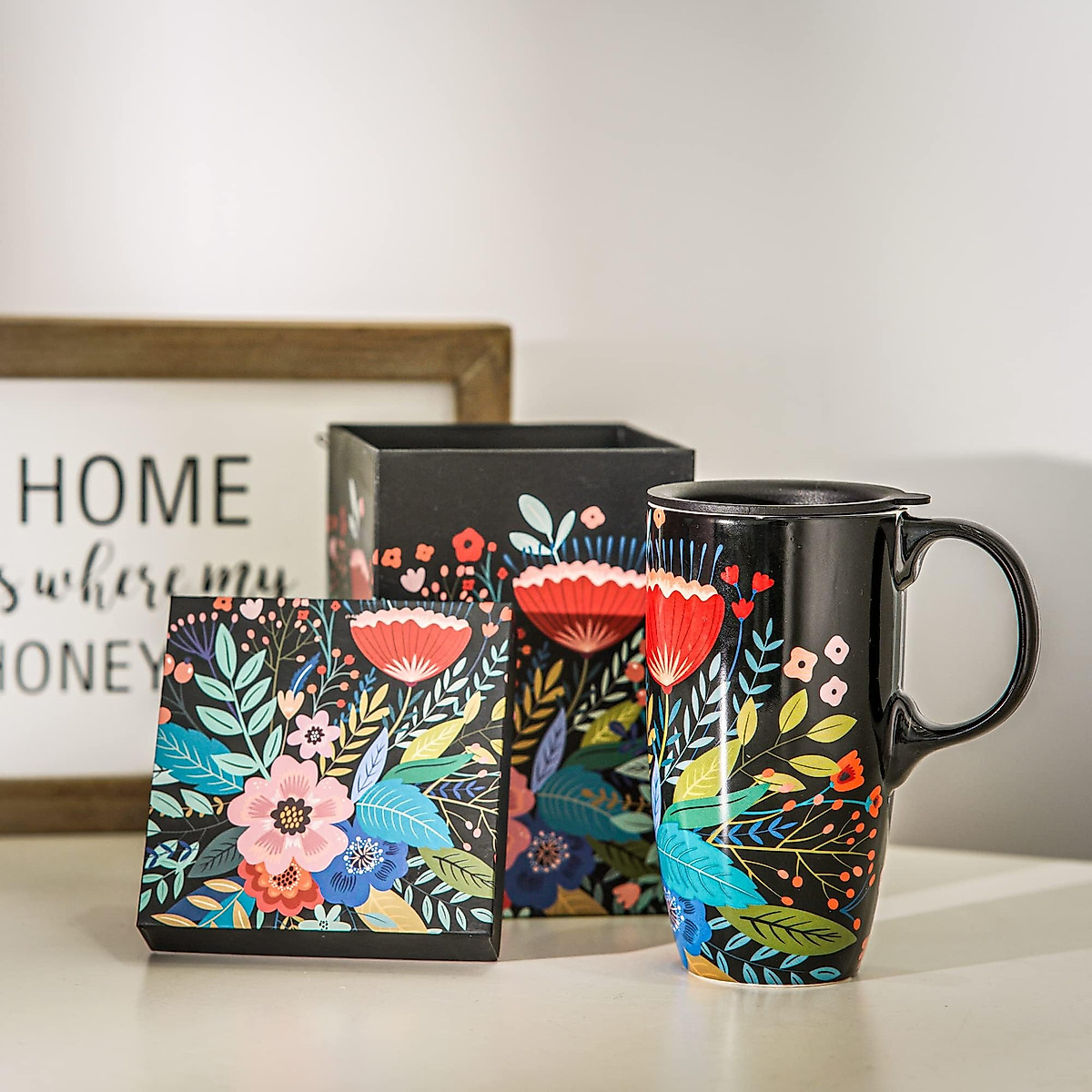 DUSVALLY Ceramic Mug Large Coffee Cup Tall Mugs Porcelain Latte Tea Cup with Lid and Color Box 17oz.Black and Colorful Flowers