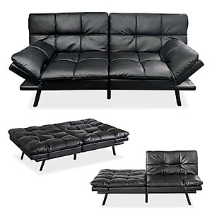 MUUEGM 71" Sofa Bed with Memory Foam,Futon Sofa Bed with Adjust Backrest and Armrest, Couches for Living Room,Studios, Apartments, Dormitories, Offices and Game Rooms. Black Leather Sofa