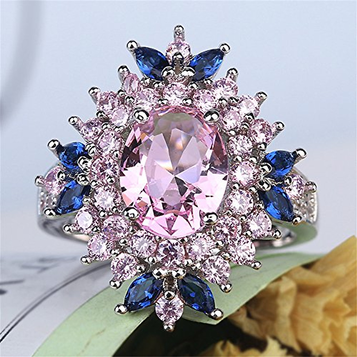 PAMTIER Women's Stainless Steel Pink Flower Ring with Zircon Gemstone Size 7