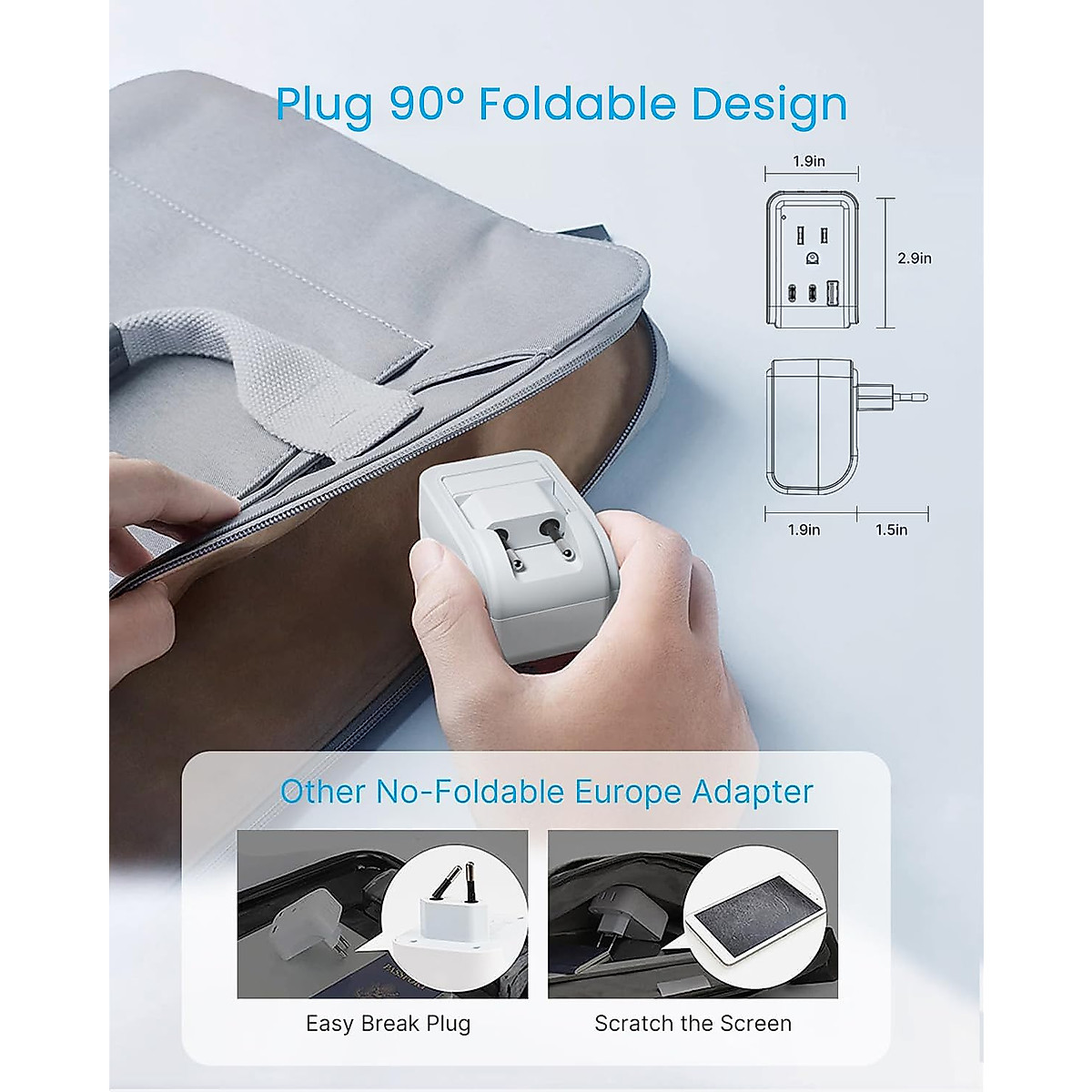 1 Pack European Travel Plug Adapter, VINTAR Foldable International Power Plug with 2 AC Outlets 3 USB Ports(2 USB C), Type C Travel Essentials Charger for US to Most of Europe EU Italy Spain France