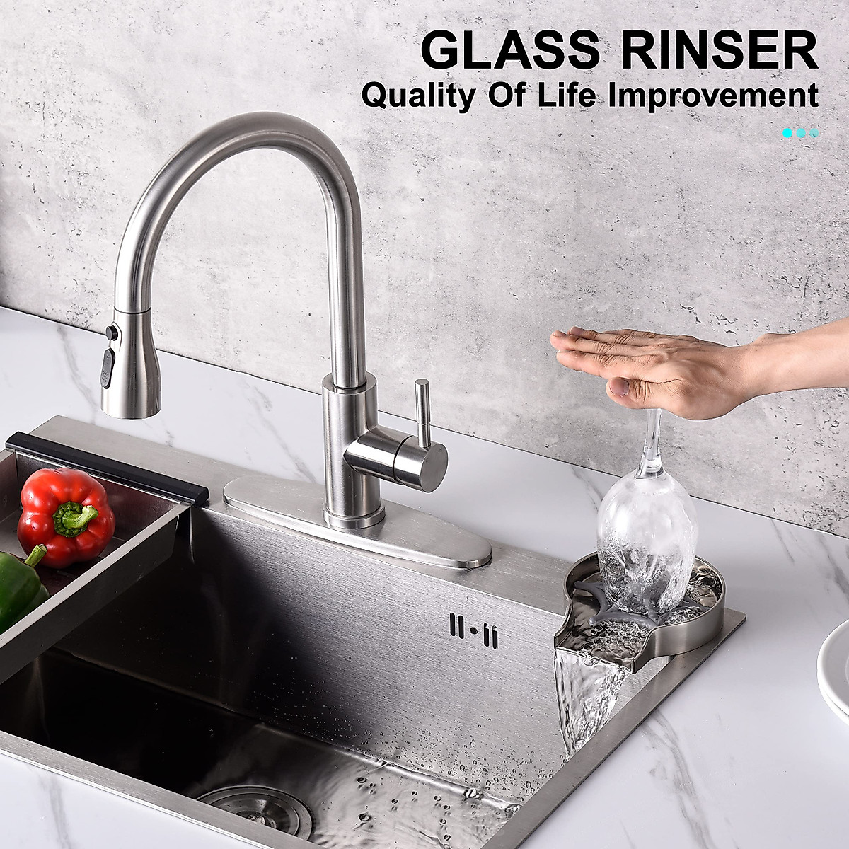 Metal Glass Rinser for Kitchen Sink - Cup Washer, Glass Washer for Sink, Glass Cup Cleaner Sink Attachment, Cup Rinser for Bar Sink, Brushed Nickel