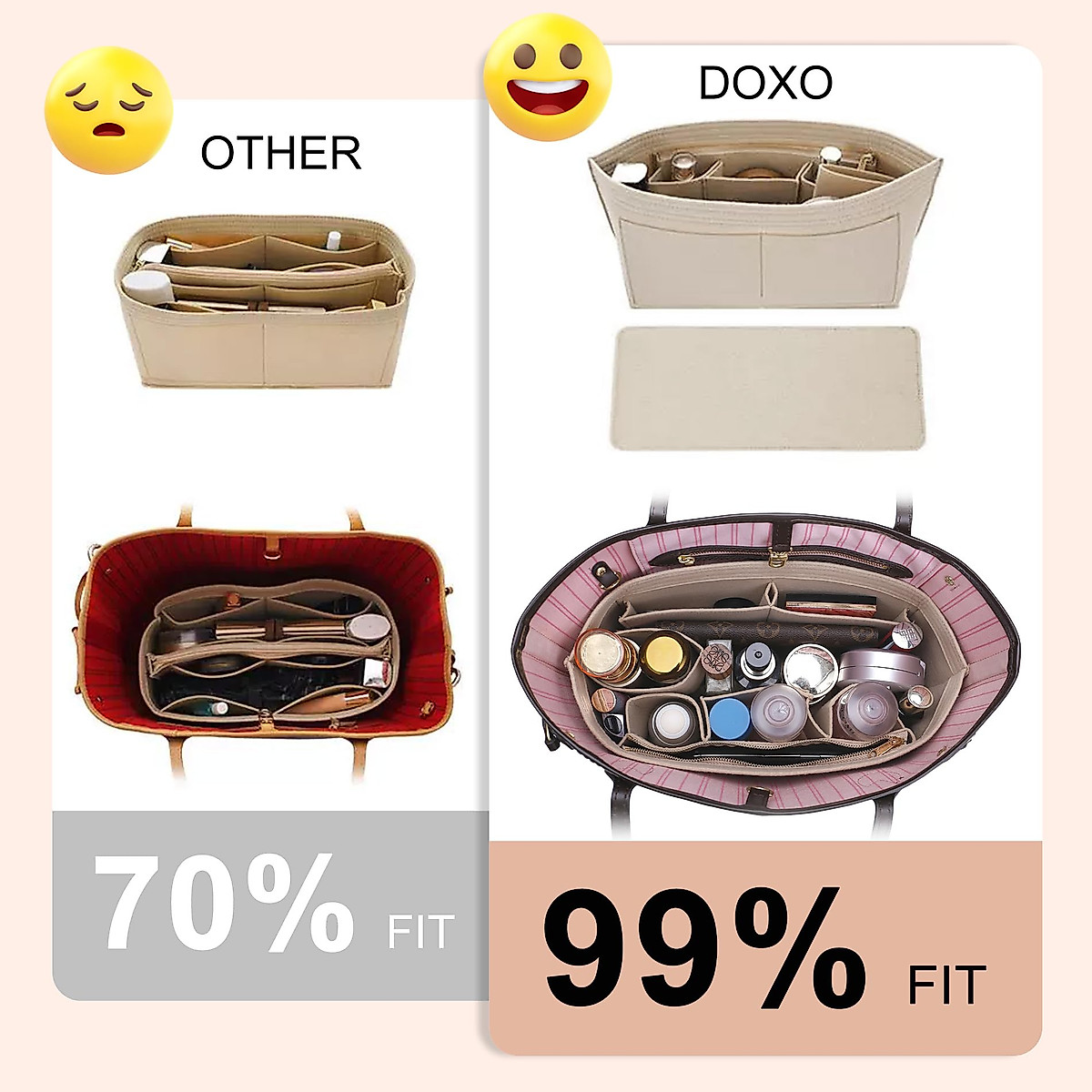 Doxo Purse Organizer Insert for Handbags & Base Shaper 2pc Set,Felt Le Pliage Large Tote,Bag Organizer with Zipper 3 Sizes,Compatible with Speedy Neverfull MM and More(Beige-L-Combination)