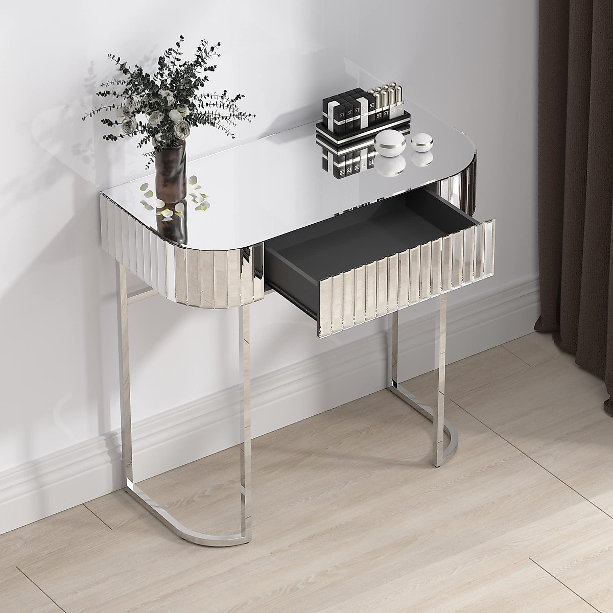intahic Mirrored Dressing Table Makeup Vanity Table Mirrored Console Table Stainless Steel Base Frame with 1 Drawer for Women Home Office Desk bedroom furniture (A-mirrored)