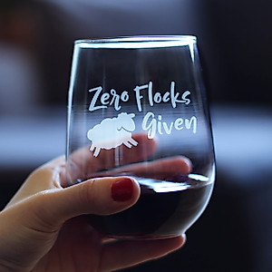 Zero Flocks Given Sheep - Funny Stemless Wine Glass - Cute Farm Animal Gifts for Women - Fun Lamb Decor - Large