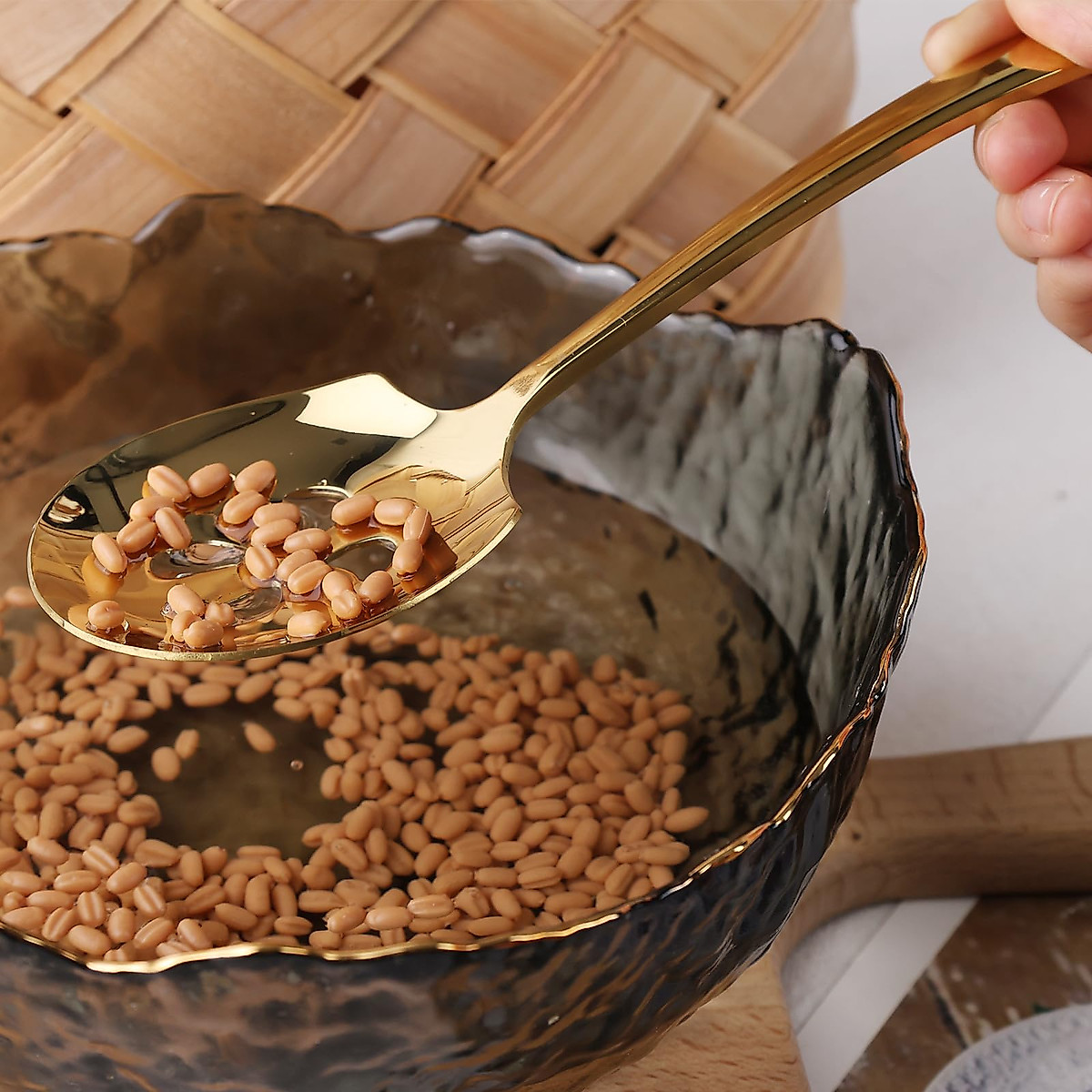 HANSGO Serving Spoons Set, 3 Serving Spoons and 3 Slotted Spoons, 9 Inch Stainless Steel Serving Utensils Set for Buffet Banquet Kitchen, Gold