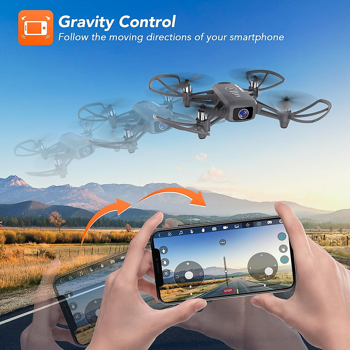 Elukiko Drone with Camera for Adults Kids, 1080P HD Mini FPV Drones, WiFi RC Quadcopter Helicopter, 2 Batteries, Gravity Control, Gesture Control, 3D Flips, Toys Gifts for Boys Girls