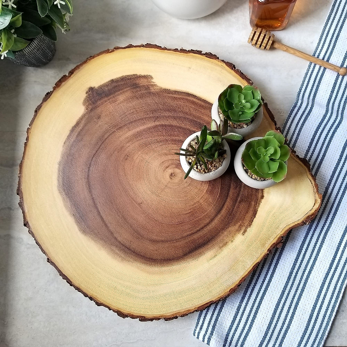 Lipper International Acacia Wood Large Slab Lazy Susan with Bark Rim