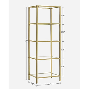 VASAGLE Bookcase, 5-Tier Bookshelf, Slim Shelving Unit for Bedroom, Bathroom, Home Office, Tempered Glass, Steel Frame, Gold Color ULGT029A01