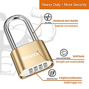 Disecu 4 Digit Heavy Duty Combination Lock 2.5 Inch Long Shackle Outdoor Waterproof Padlock for School Gym Locker, Gate, Hasp Storage, Toolbox, Fence, Case, Bike (Brass)