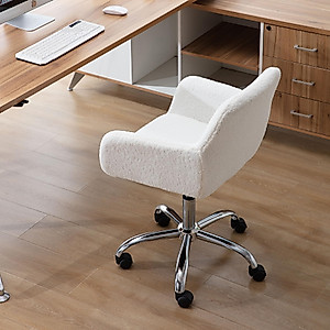 Goujxcy Fluffy Desk Chair, Faux Fur White Vanity Chair Swivel Office Chair for Girls Women, Height Adjustable Cute Teddy Furry Makeup Chairs for Bedroom Home Office