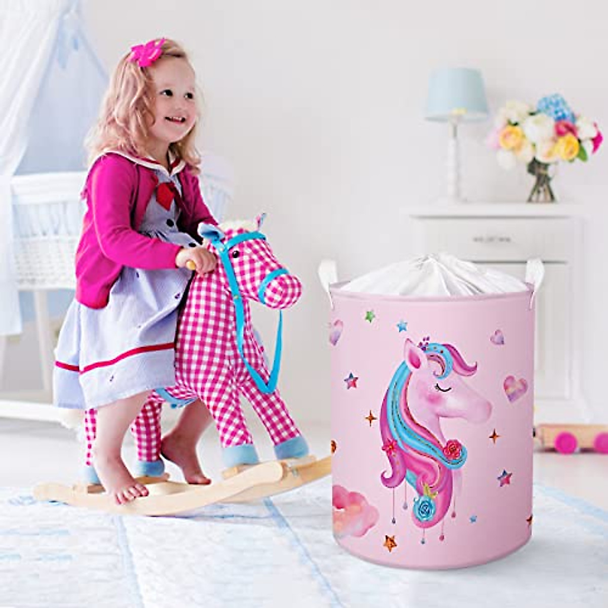 Clastyle 45L Pink Unicorn Kids Laundry Hamper Adorable Collapsible Laundry Basket with Drawstring Waterproof Toys Storage Basket with Handle, 14 * 17.7 in