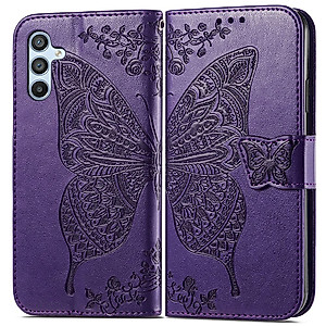 KRHGEIK for Samsung Galaxy A54 5G Case Wallet,Women Flip Folio Cover with Butterfly Emboss PU Leather Stand Credit Card Holders Slots Wrist Strap Protective Phone Cases (Purple)