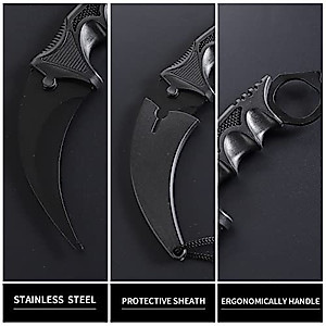 Milaloko Karambit Knife Fixed Blade Tactical Camping Tool, 2 Pieces Stainless Steel Outdoor Hunting Knife with Sheath and Cord, Suitable for Hiking, Adventure, Survival and Collection (Black&Red)