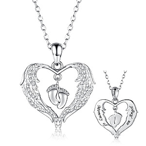 Sterling Silver Miscarriage Necklace for Women: Heart Angel Wing Foots Pendant Mommy of an Angel Jewelry, Pregnancy Loss Memorial Gifts for Mother Loss of a Baby