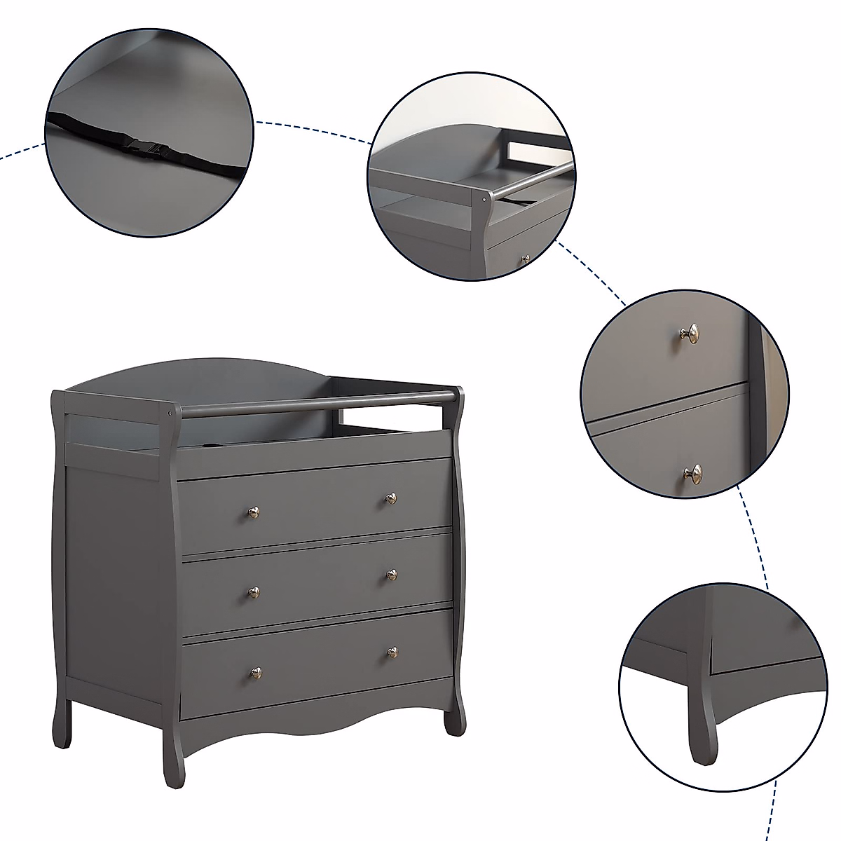 Guangshuohui 3-Drawer Changing Table, Wooden Bed Nursing Table Infant Diaper Changing Station with Drawers, Safety Rails & Strap, Baby Changing Table Dresser for Nursery, Easy Assembly (Grey)