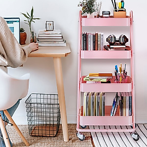 SAYZH 4-Tier Metal Utility Rolling Cart, Durable Multifunction Cart with Rotating Lockable Wheels, Easy to Assemble, Suitable for Office, Bathroom, Kitchen, Garden (Pink)