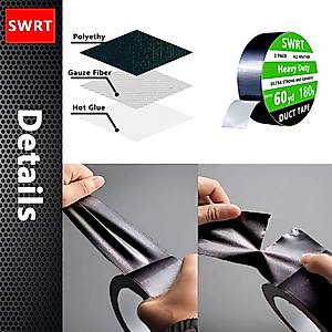 SWRT 2Inch 180ft/60yd Black Heavy Duty Duct Tape Strong Adhesive,2-Pack Duct Tape Heavy Duty Waterproof All Weather Black Duct Tape No Residue Sealing & Patching for Indoor&Outdoor Repair