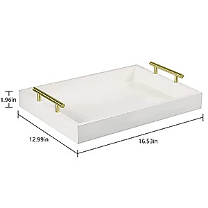 Simoei Serving Tray, Deluxe Tray for Coffee Table with Polished Gold Metal Handles and 2 Coasters, Living Room Bathroom Organizer Modern Decorative Tray, for Storage Or Display (White)