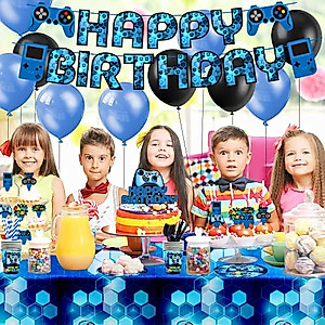 Blue Video Game Party Supplies - 212Pcs Gamer Gaming Party Decoration For Boys Birthday Party - Table Cover, Plates, Cups, Napkins, Utensils, Hanging Swirls, Birthday Banner, Cupcake, Topper Cake Topper & Balloons Serves 16 Guests