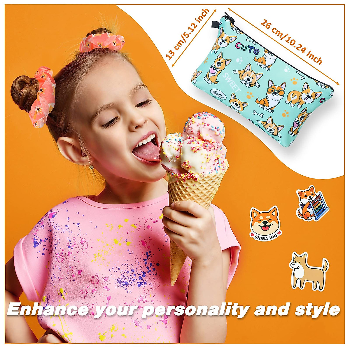 8 Pcs Corgi Dog Hair Scrunchies 1 Corgi Makeup Bag and 50 Pcs Welsh Corgi Pembroke Stickers,Cotton Corgi Scrunchy Corgi Print Travel Makeup Pouch Pencil Case Presents for Women Girls