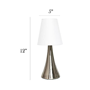 Simple Designs LT2014-WHT-2PK 12" Valencia 2 Pack Contemporary 4 Settings Touch Metal Mini Tapered Table Lamp Set with Fabric Shades for Home Décor, Nightstand, End Table, Bedroom, Living Room, Office, Foyer, Brushed Nickel and White