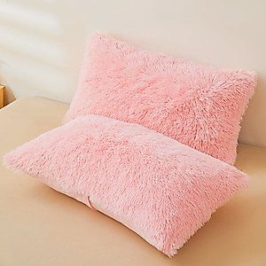 ERLOXO Fluffy Pink Faux Fur Comforter Cover Set，Fluffy Fuzzy Plush Pink Bedding 3Pcs (1 Faux Fur Duvet Cover +2 Fuzzy Pillowcases) Pink Fluffy Bed Set (Pink, Queen)