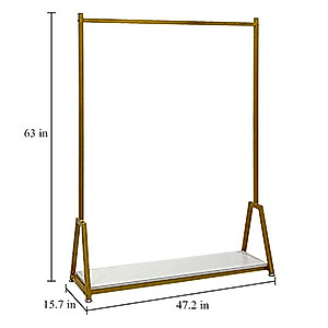 FONECHIN Retail Clothing Racks Modern Garment Rack with Wooden Shelves Iron Pipe Racks for Hanging Clothes Heavy Duty Wardrobe Closet Rack Gold 47"