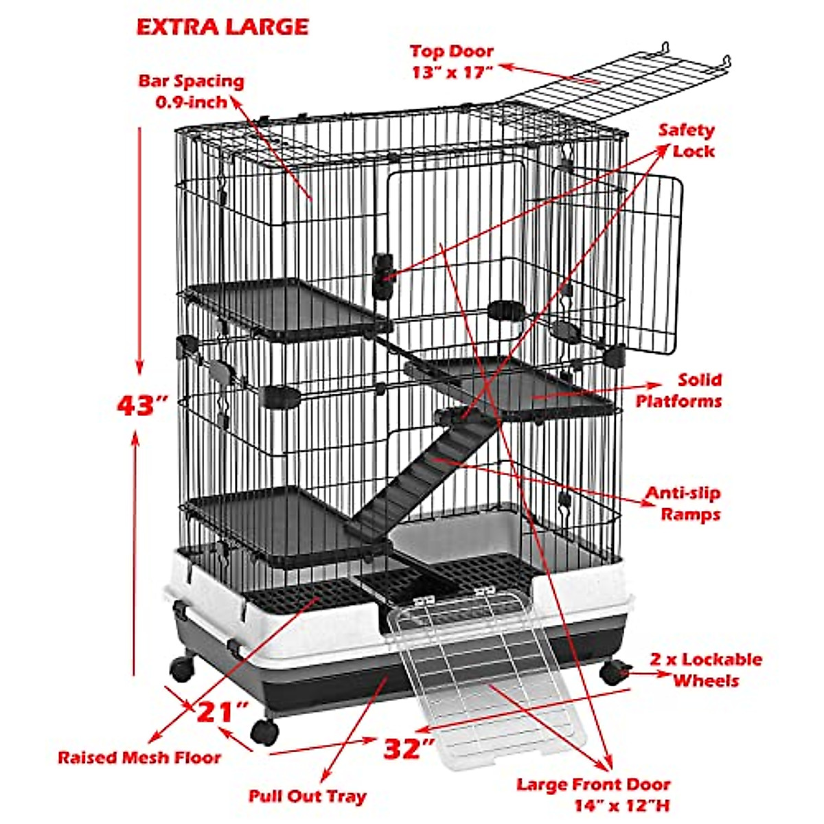 Large 4-Floor Indoor Small Animal Pet Habitat Cage Playpen Guinea Pig Ferret Chinchilla Rabbit Bunny Cat Kitten with Solid Platforms, Ramps, Leakproof Litter Tray, 3 Large Access Doors, Casters