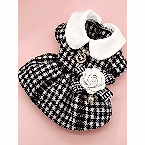 QWINEE 3pcs Dog Dress & Flower Bow & Necklace Set Geometric Princess Dress with Flower Bow Deco Puppy Skirt with Pearls Jewelry Necklace for Small Medium Cats Dogs Kitten Black and White XS