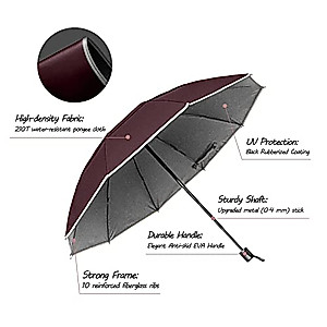 50 inch Large-size Manual Collapsible Travel Umbrella - Compact, Lightweight, UV Protection, Reverse Umbrella for Men and Women (Double Canopy/Wine)