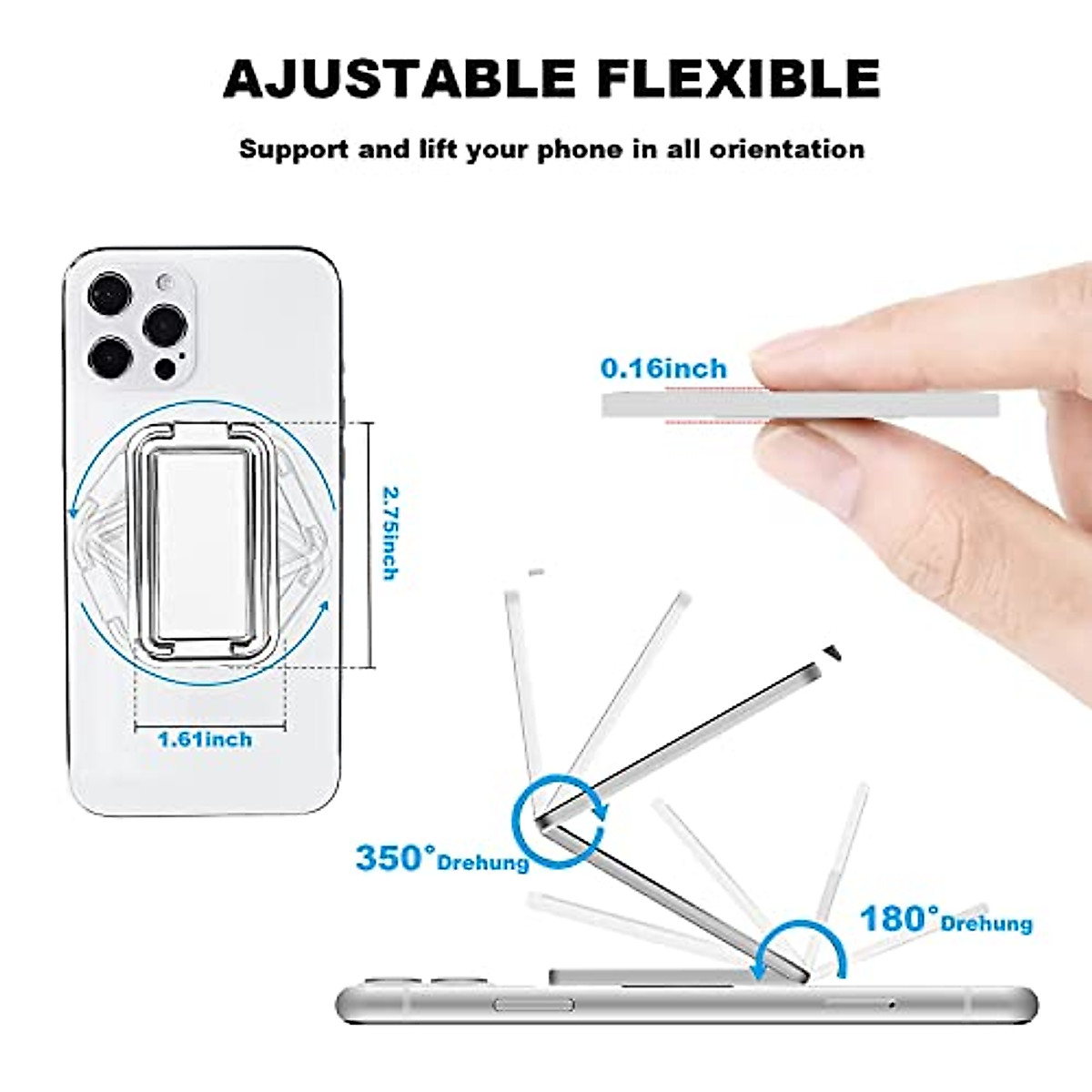 Dgloze 2 Pack Phone Ring Holder Finger Kickstand, 360°Rotation Phone Grip, Foldable Phone Holder for Hand Work with Magnetic Car Mount Compatible with Most Smartphones and Tablets (Silver)