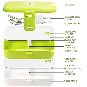 SARZ Bento Lunch Box for Kids - with 2 Containers and 4 Compartments, Modern Stackable Cute Bento Lunch Box with Cutlery Set, Two Adjustable Dividers, Microwave and Dishwasher Safe (Green)