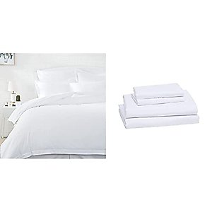 AmazonBasics Lightweight Super Soft Easy Care Microfiber Bed Sheet Set with 16" Deep Pockets - Full, Bright White & Light-Weight Microfiber Duvet Cover Set with Snap Buttons - Full/Queen, Bright White