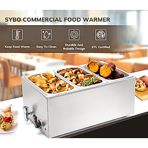 SYBO Commercial Grade Stainless Steel Bain Marie Buffet Food Warmer Steam Table for Catering and Restaurants, Good for Parties Buffet Servers and Warmers, 3 Sections with Tap, Sliver