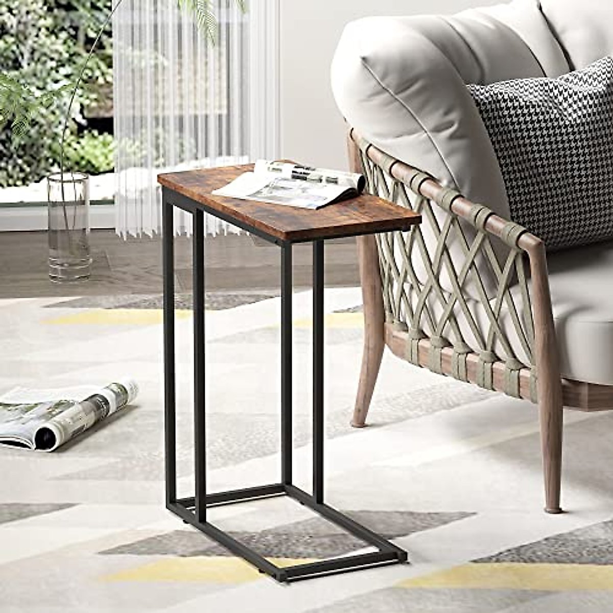 Yusong Small C Shaped End Table, Slim Couch Side Tables Slide Under Sofa Bed, Skinny Snack Tray Table for Coffee Laptop in Living Room,Easy Assembly, Rustic Brown