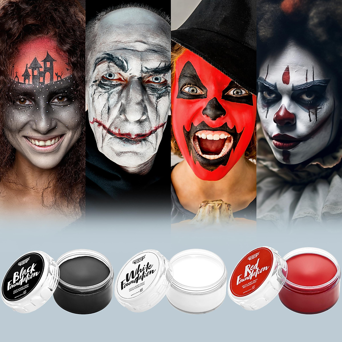 Spooktacular Creations 8 PCS Halloween Makeup Kit 3 Face Body Paint Oil Based Foundation Set with 3 Painting Brushes, 2 Sponges for Halloween Clown SFX Zombie Skeleton Cosplay( White Black Red )