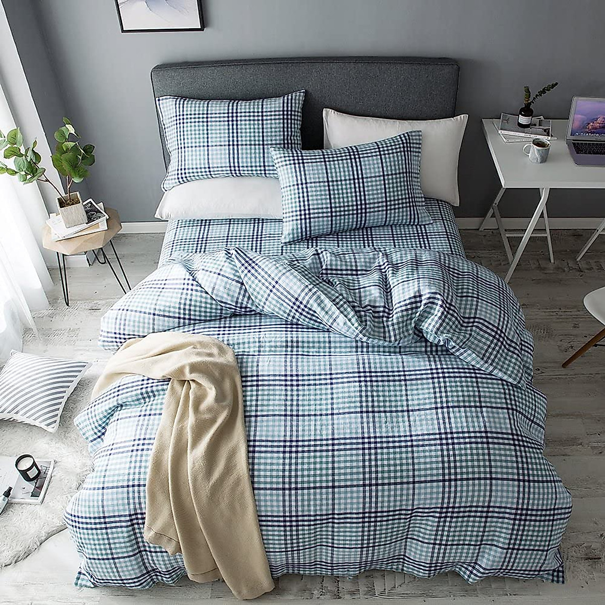 Merryfeel Linen Duvet Cover Set King,100% French Linen Yarn Dyed Check Duvet Cover Set, Luxurious Bedding for All Season - King - Yarn Dyed Check