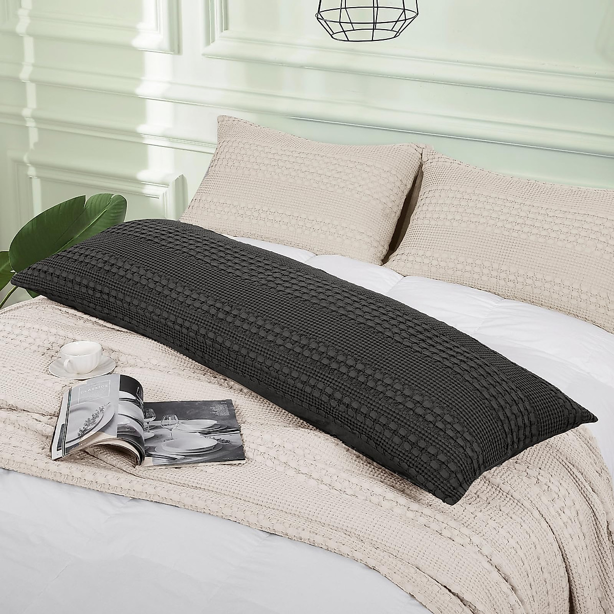 PHF 100% Cotton Waffle Body Pillowcase with Zipper, 1 Pack 20" x 54" Soft Skin-Friendly Pillow Sham, No Filling, Aesthetic Woven and Breathable Waffle Weave Body Pillow Cover for Bed, Black