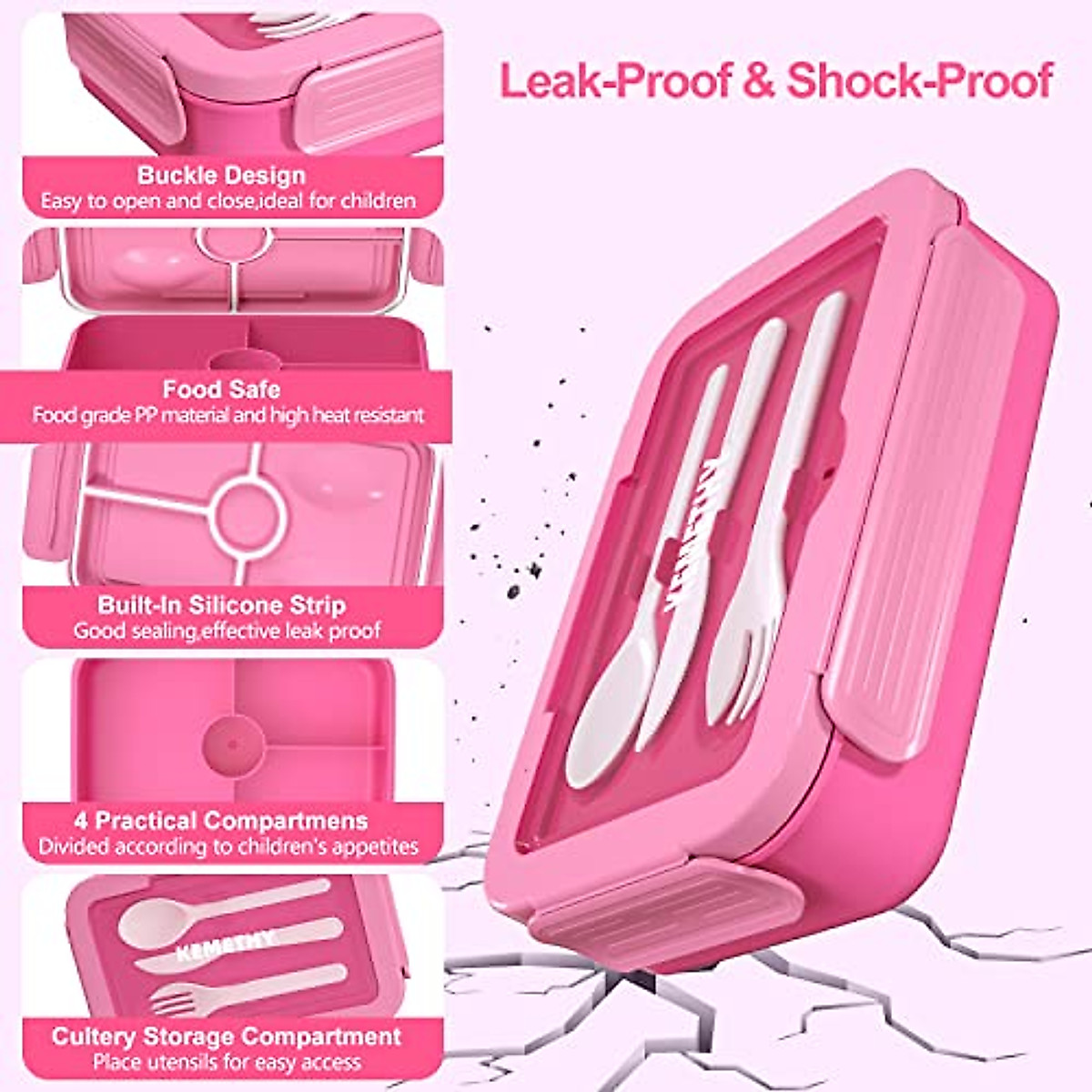 KEMETHY Bento Lunch Box for Kids, 4 Compartment Lunch Box Kids, Leak Proof Lunchbox with Tableware for Kids Lunch boxes for School, Microwave/Dishwasher/Freezer Safe, BPA-Free and Reusable, Pink