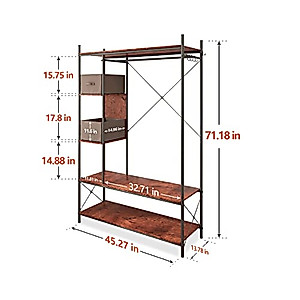 PAUKIN Industrial Entryway Hall Trees with Hooks, Storage Shelves and Shoes Bench, Freestanding Closet Organizer Clothes Rack with Coat Rack, Closet Garments Shelf for Hallway, Bedroom