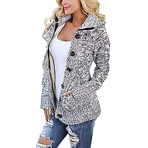 Sidefeel Women Hooded Knit Cardigans Button Cable Sweater Coat Small Grey
