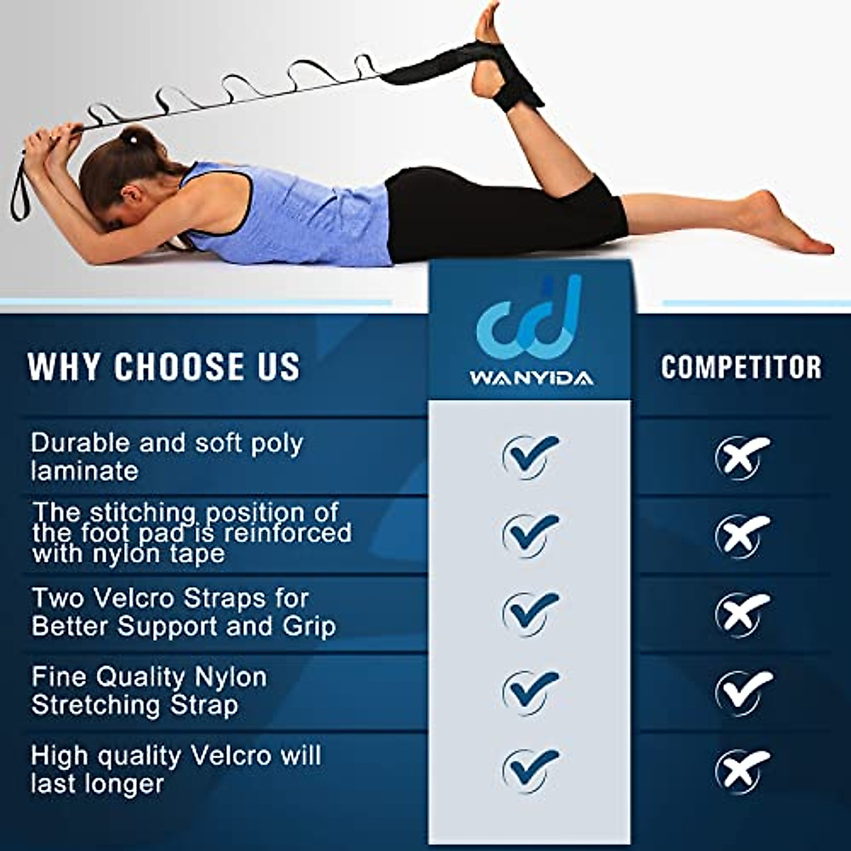 WANYIDA Foot and Calf Stretcher for Plantar Fasciitis, Achilles Tendonitis, Heel Spurs, Drop Foot. Yoga Stretching Strap for Leg, Thigh and Hamstring (Black)