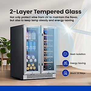 Yeego Wine and Beverage Refrigerator 24", Dual Zone Beverage Cooler Wine Fridge with Upgrade Quiet Cooling, Anti-UV Glass Door, 20 Bottles & 60 Cans Large Capacity, Built-in/Freestanding/Undercounter
