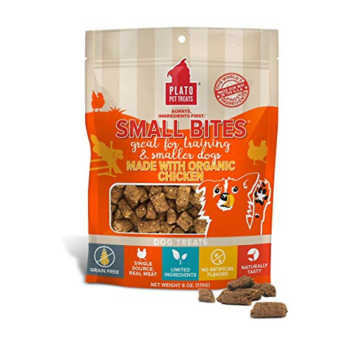 PLATO Small Bites Natural Training Dog Treats - Real Meat - Grain Free - Made in the USA - Organic Chicken Flavor, 6 ounces