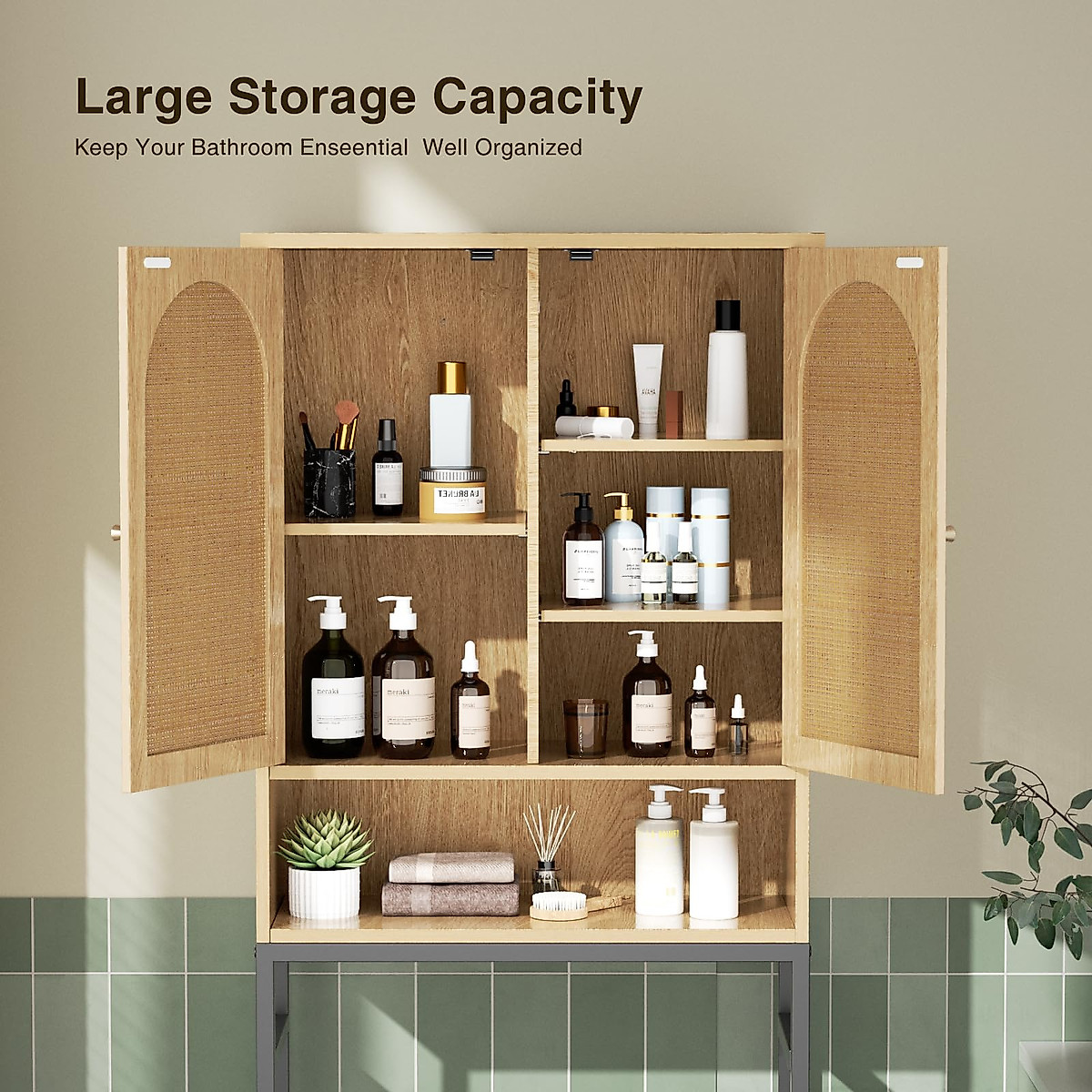 Rattan Toilet Storage Cabinet, Over the Rack Wood Cabinet with Metal Stand, Bathroom Organizer with Adjustable Shelf, Tall Freestanding Washer Shelf, Small Cupboard, Space Saver, Natural style